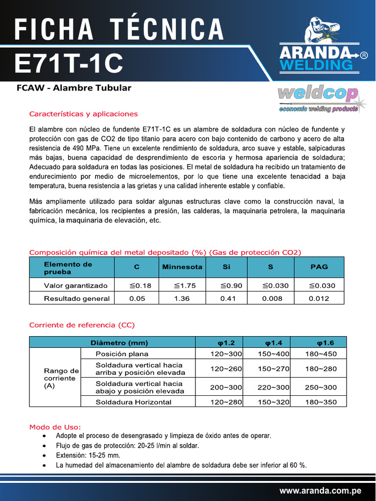 Ficha Tecnica Alambre Tubular E71t-1c | PDF | Tecnologia e Engenharia