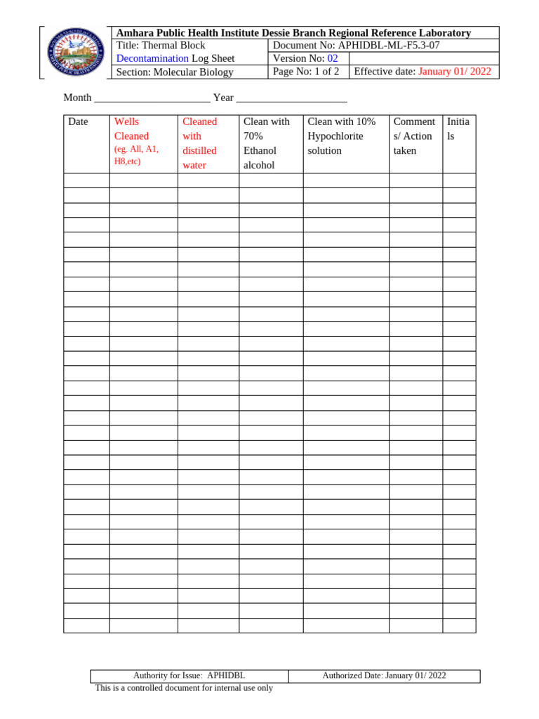 ML-F5.3-07 Thermal Block Decontamination Log Sheet - New | PDF