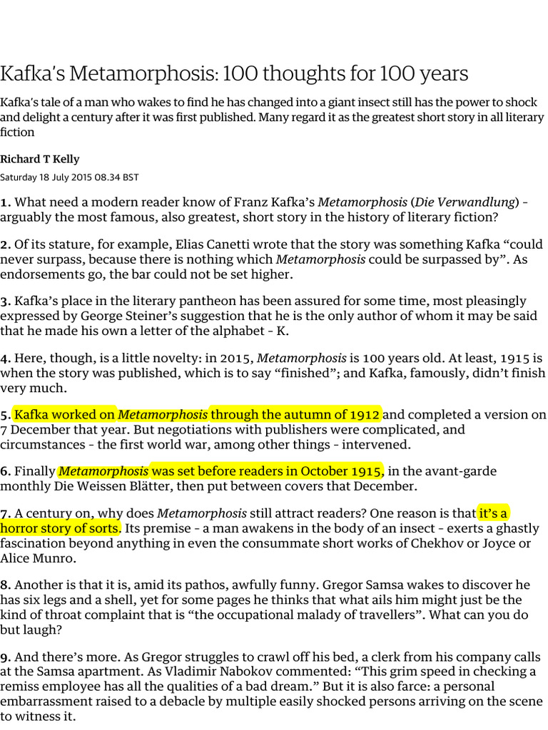 Kafka's Metamorphosis: 100 Thoughts For 100 Years - Books - The ...