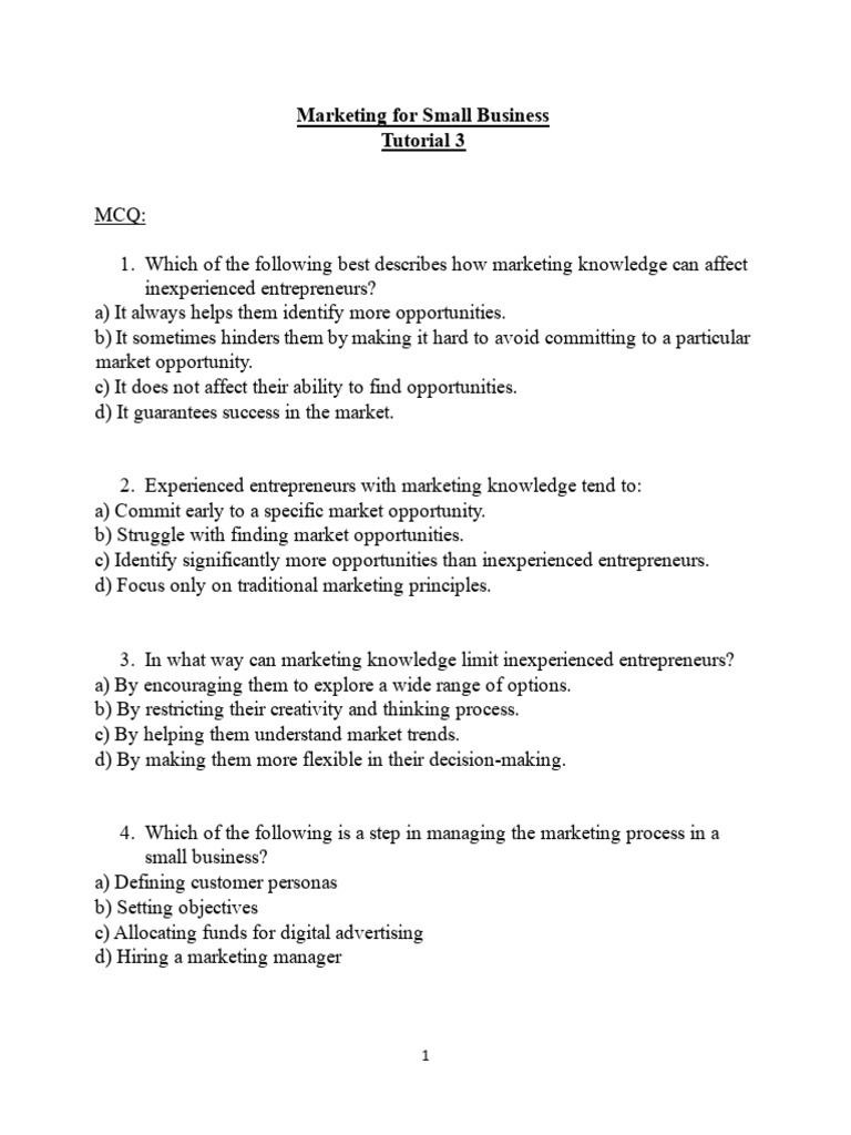 Tutorial 3 Without Answers | PDF | Marketing | Entrepreneurship