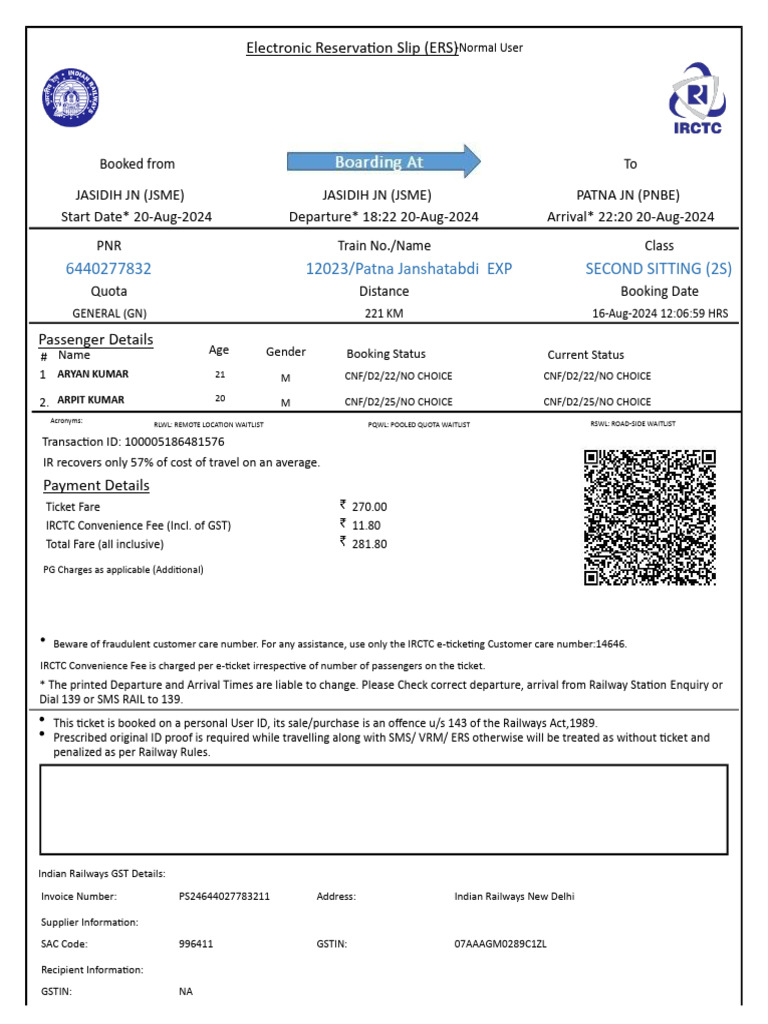 patna Janshatabdi EXP Second Sitting (2S) | PDF | Identity Document | Payments