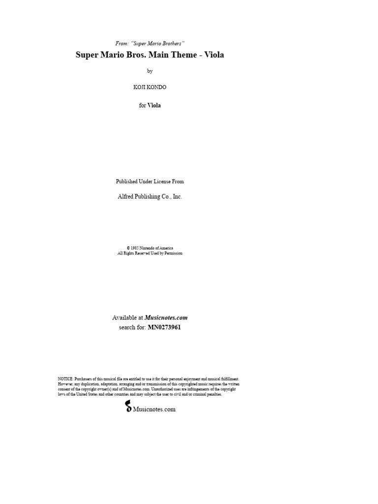 Super Mario Bros. Main Theme - Viola - de 'Super Mario Brothers ...