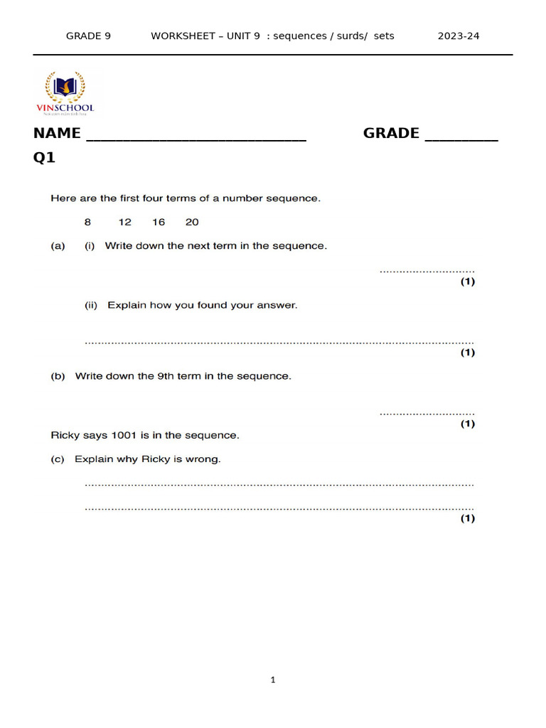 Worksheet Unit 9 Surds Sequences | PDF