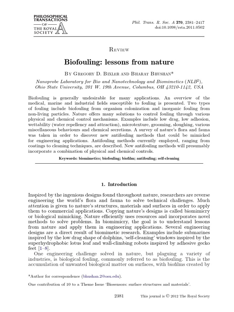 2015_Biofouling - lessons from nature | PDF | Biofilm | Hydrophobe