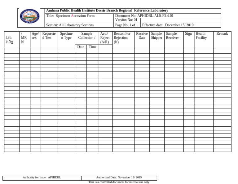 5.4-01 Specimen Accession X (Tracking) Form | PDF