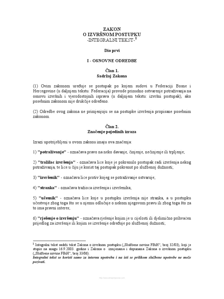 Zakon o Izvrsnom Postupku FBiH Integralni | PDF