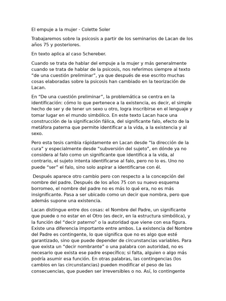 El Empuje A La Mujer - Colette Soler | PDF | Jacques Lacan | Psicosis