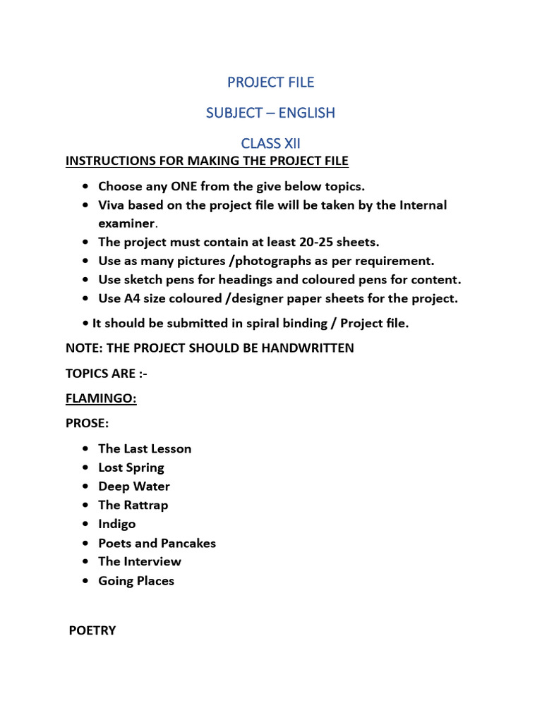 Class XII Subject English Project Topics | PDF