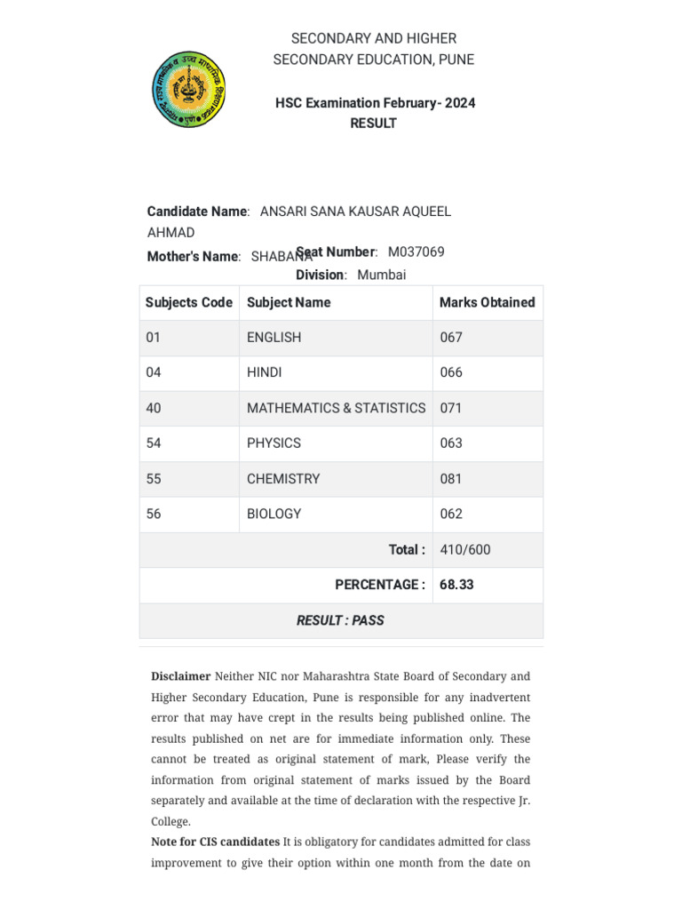 HSC Examination February - 2024 RESULT - MSBSHSE, PUNE | PDF