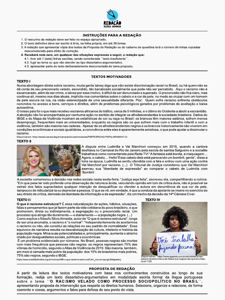 Proposta de Redação - Racismo Velado | PDF