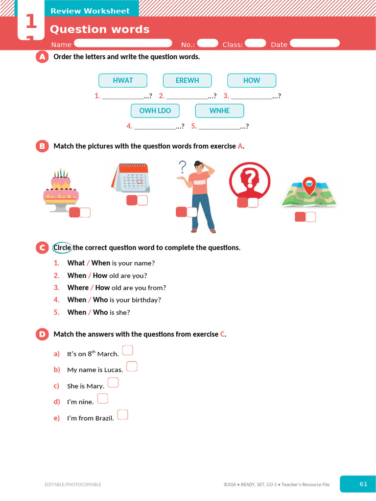 Question Words Review Worksheet | PDF