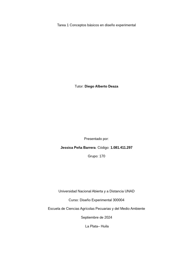 Tarea 1 - Jessica Peña Barrera - 1081411297 | PDF | Estadísticas | Diseño de experimentos