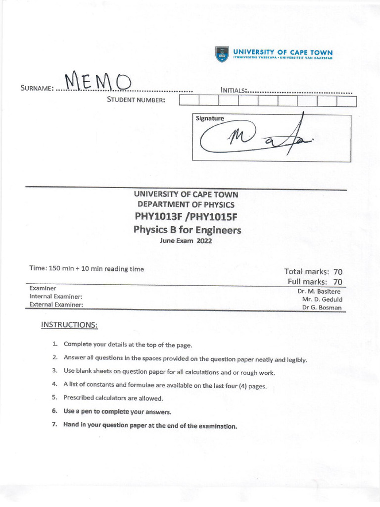 PHY1013 - 5F June Exam Memo | PDF