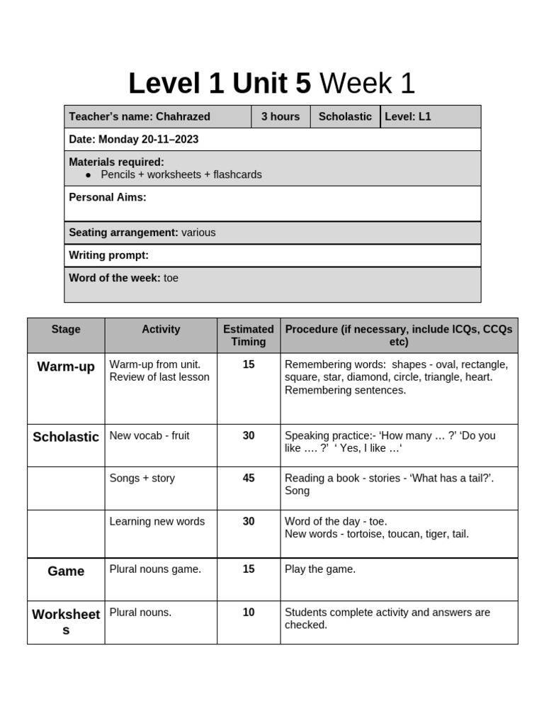 L1 Week 1 Lesson Plan | PDF
