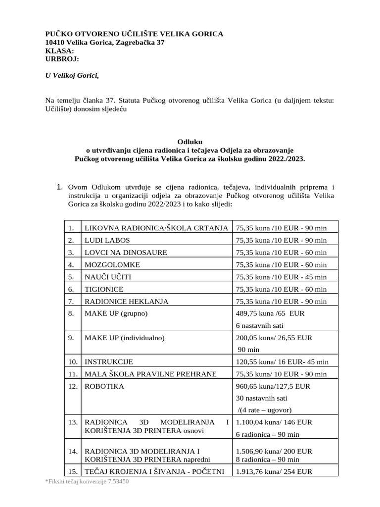 22-Odluka-Cijene Radionica - OBRAZOVANJE | PDF