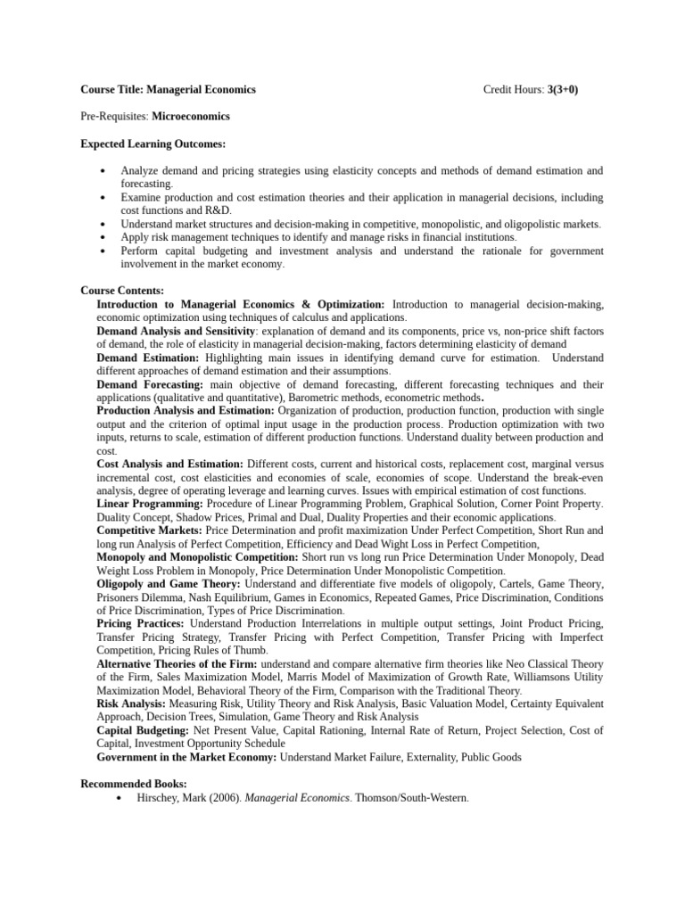 Course Format - Eco404 - Manaherial Economics | PDF | Economics | Perfect Competition