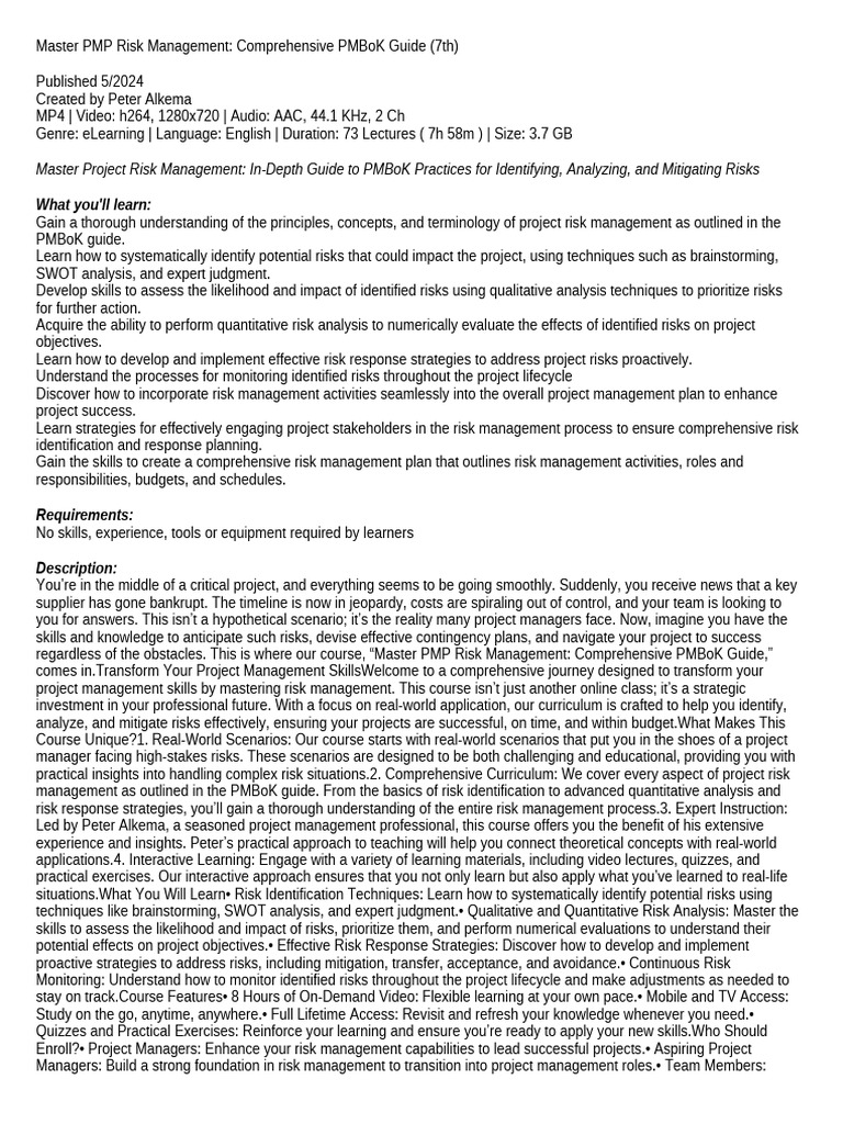 PMP Risk Management Mastery | PDF | Risk Management | Risk