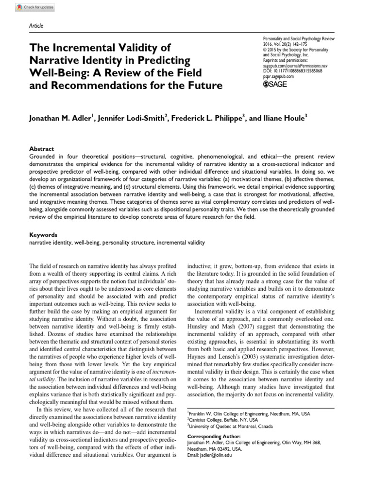 Adler Et Al 2015 The Incremental Validity of Narrative Identity in ...