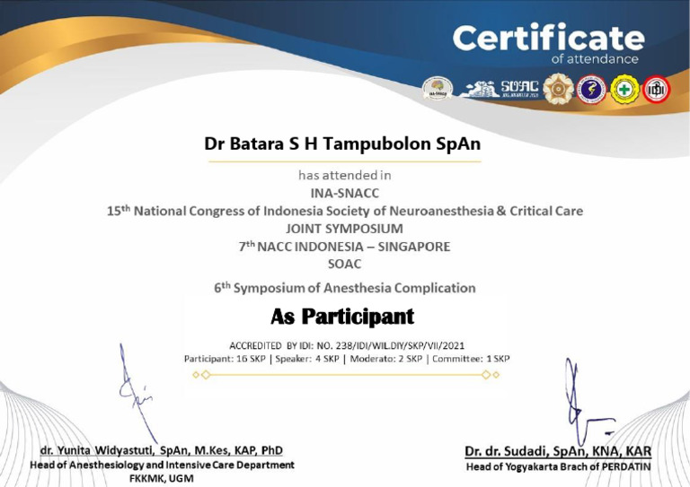 DR Batara S H Tampubolon SpAn E-Certificate | PDF