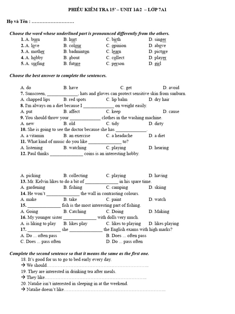 40 TỜ - PHIẾU KT UNIT 1&2 - 7A1 | PDF