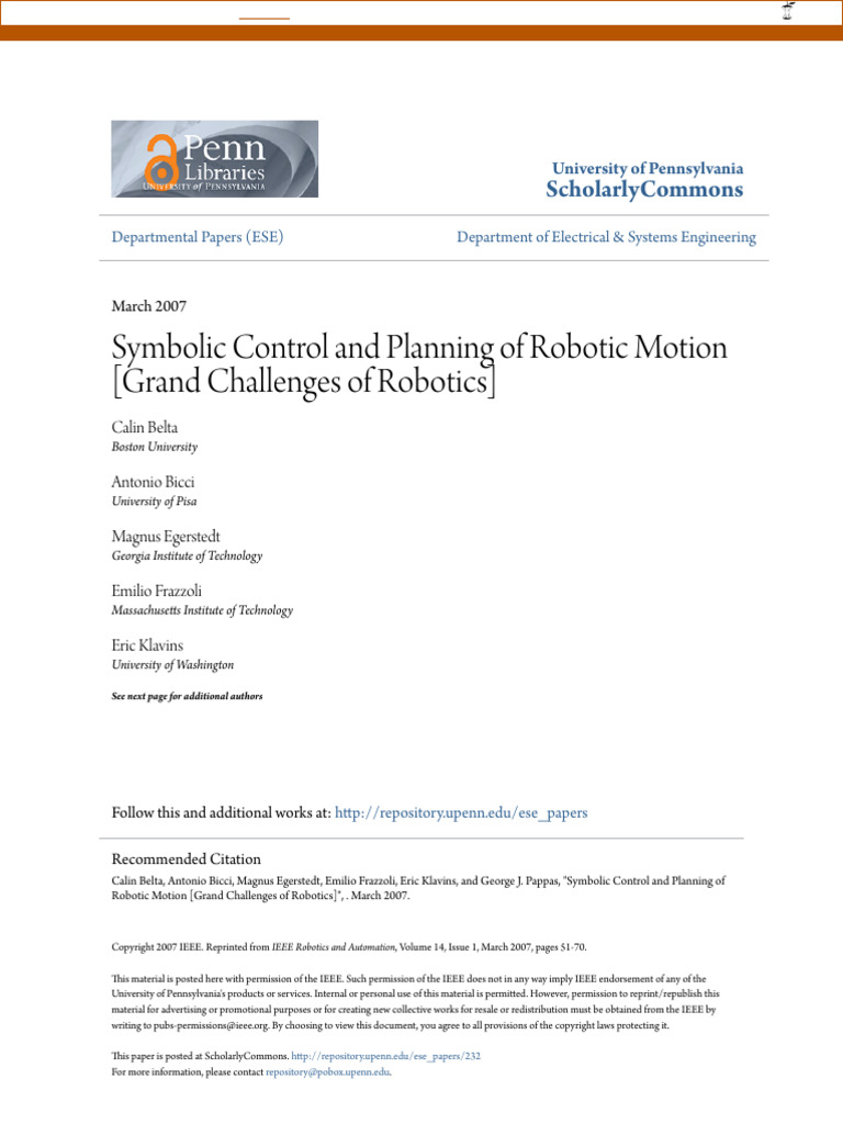 Symbolic Control and Planning of Robotic Motion (Grand Challenges of ...