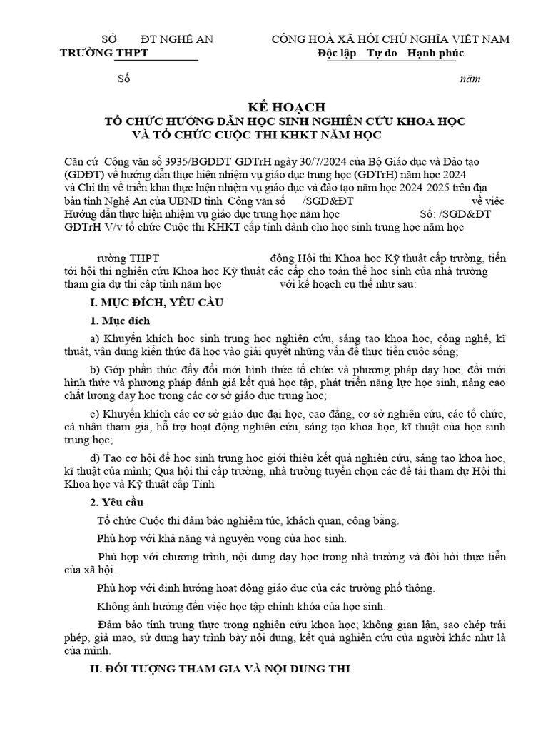 2023-2024 -Kế hoạch tổ chức thi KHKT cấp trường, cấp tỉnh nh 2024-2025 | PDF