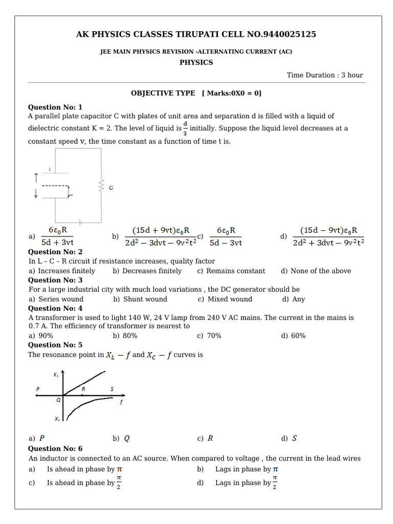 AK JEE Main Physics Revision Discussion Sheet (Alternating Current) | PDF | Inductor | Inductance