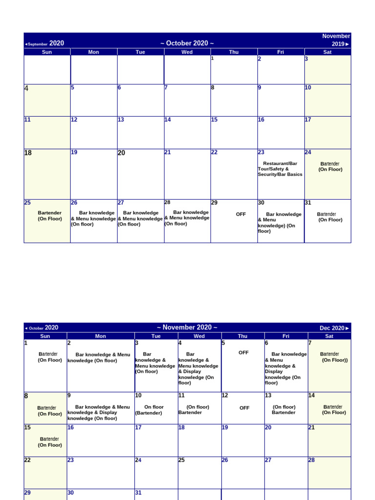 Bartender Training Calender (1 Month) | PDF | Foodservice | Bartending