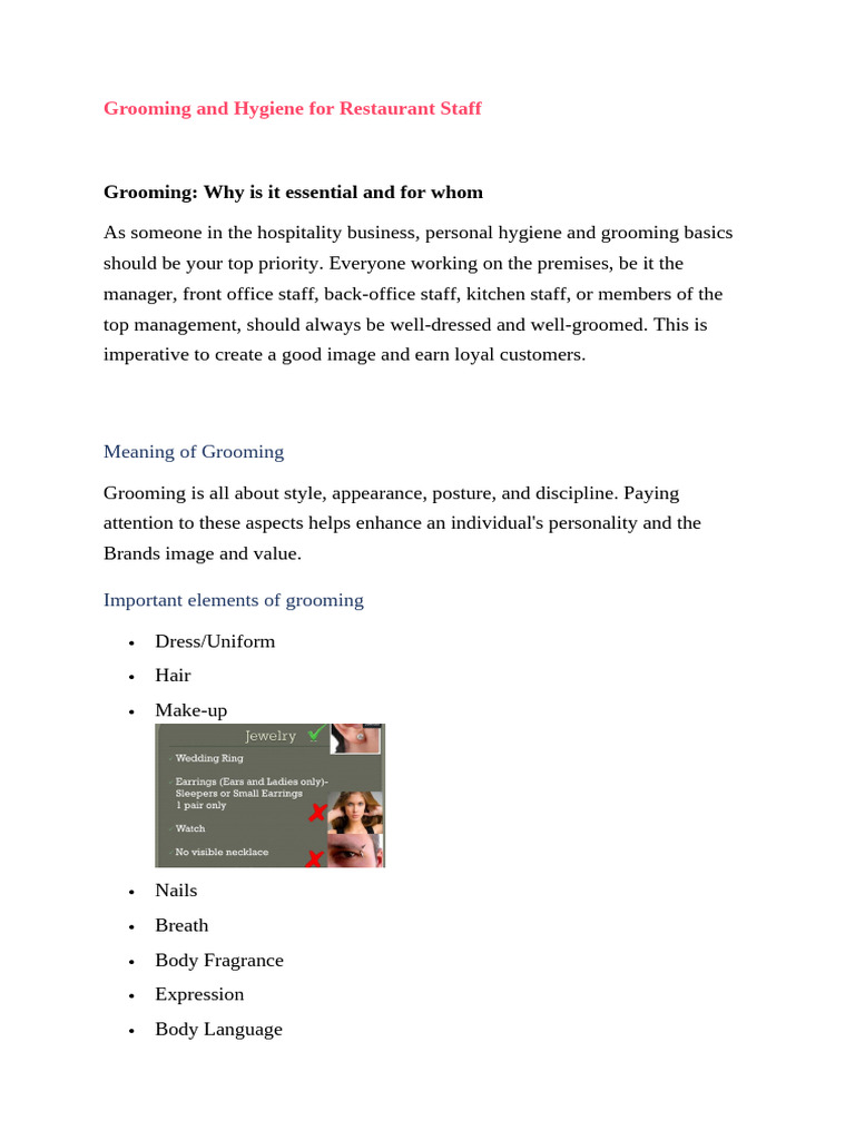 Grooming and Hygiene for Restaurant Staff | PDF | Hygiene | Hand Washing