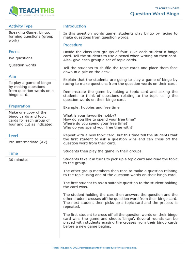 Question Word Bingo | PDF | Games & Activities