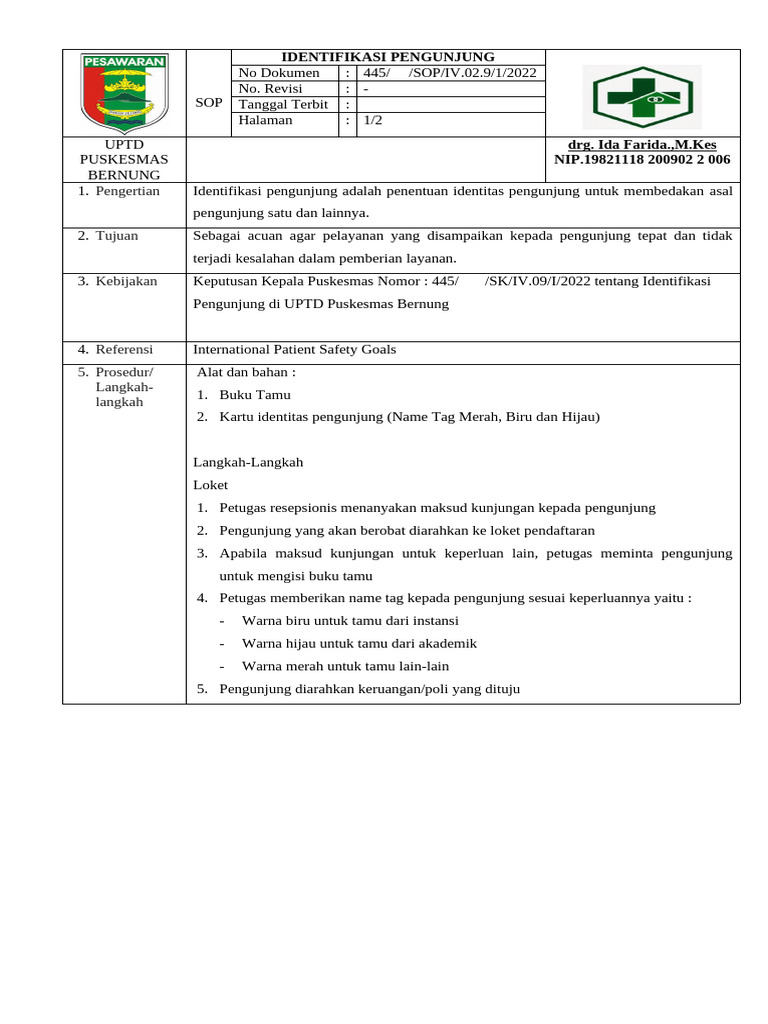 SOP Identifikasi Pengunjung Puskesmas | PDF