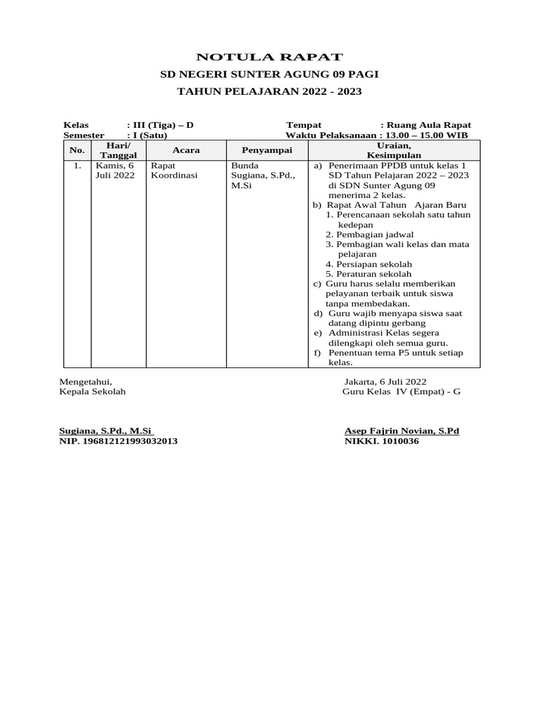 Notula Rapat SDN Sunter Agung 2022-2023 | PDF