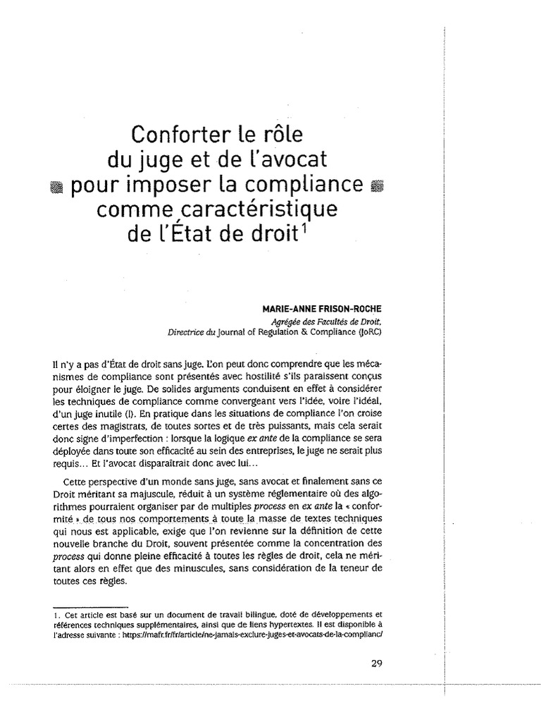 Frison Roche M A La Juridictionnalisation de La Compliance Role Juge Avocat Etat de Droit 2023 | PDF