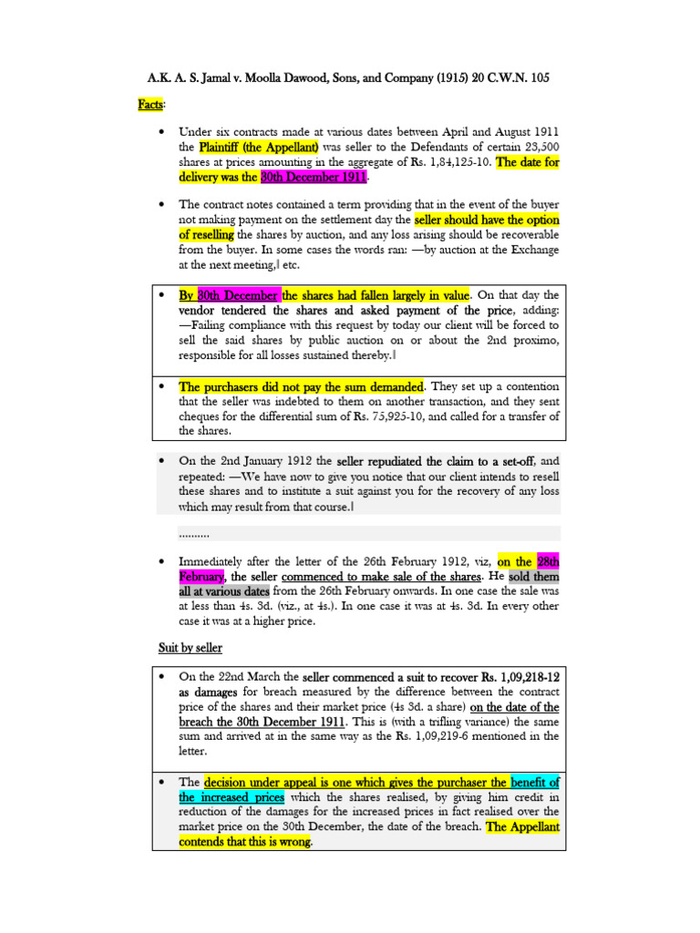 "Jamal v. Moolla Dawood: Share Sale Dispute" | PDF | Damages | Breach ...