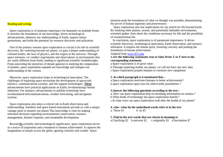 Reading and Writing Space Exploration | PDF | Space Exploration ...