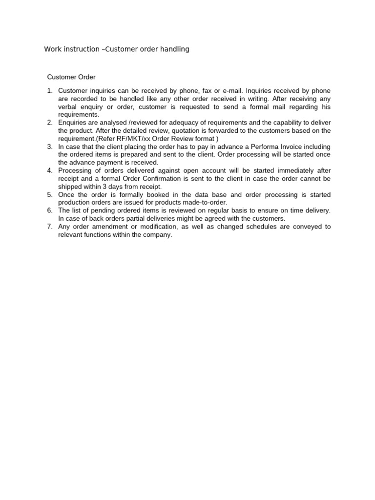 Work Instruction-Customer Order Handling | PDF | Finance & Money Management