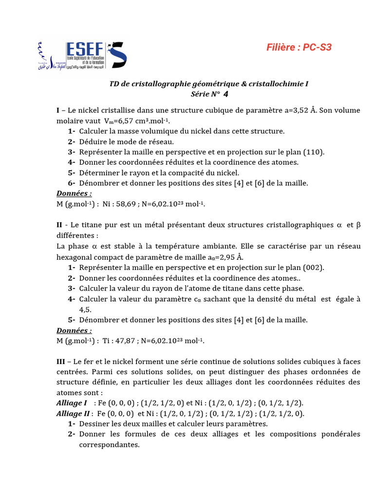 TD Cristallographie Géométrique et Cristallochimie | PDF | Nickel ...