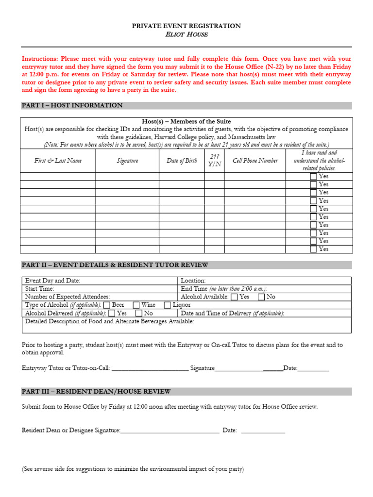 eliot_house_party_form | PDF | Recycling | Alcoholic Beverages