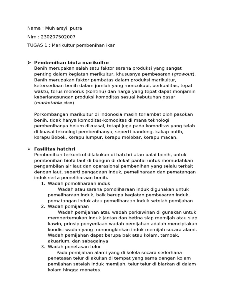 Tugas 1 Muh Arsyil Putra Marikultur Pembenihan Ikan | PDF