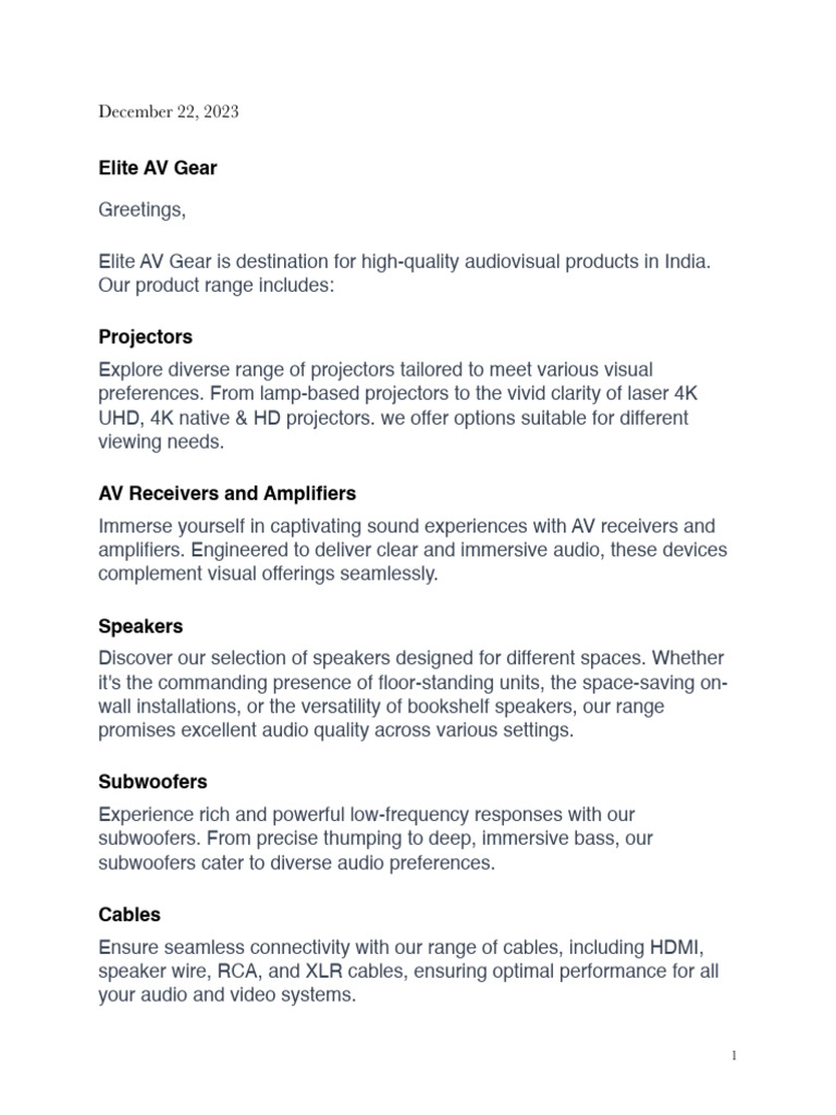 Elite AV Gear Document | PDF