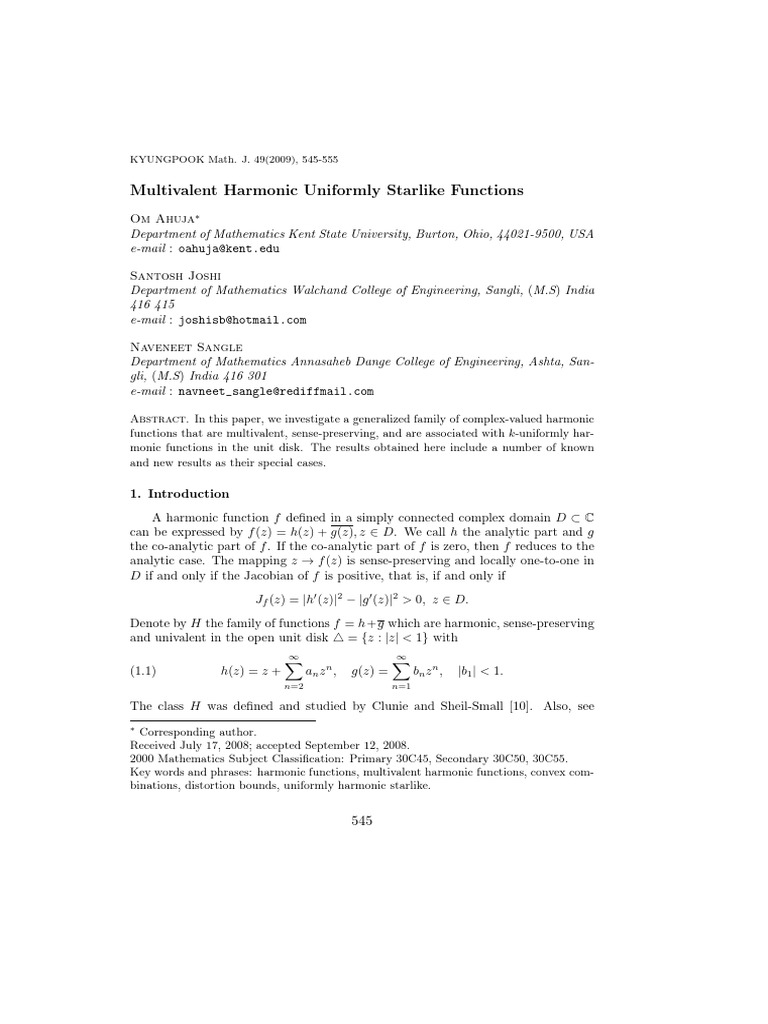 Multivalent Harmonic Uniformly Starlike Functions | PDF | Function (Mathematics) | Theorem