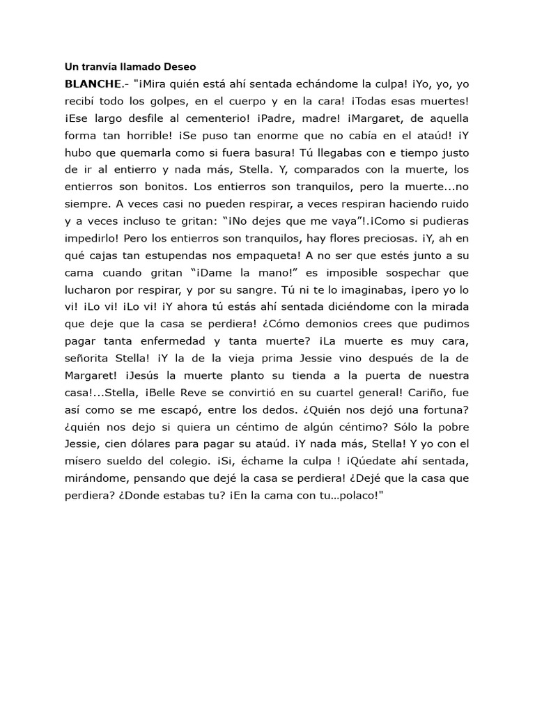 Monologo Blanche - Un Tranvía Llamado Deseo | PDF
