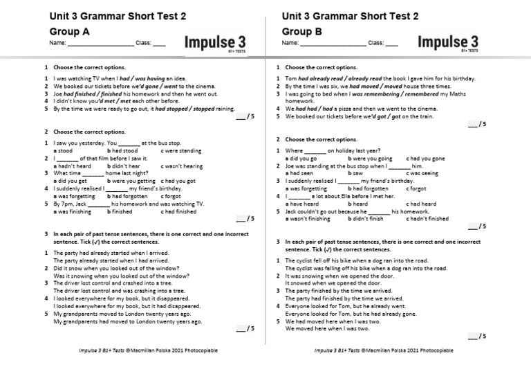 Unit 3 Grammar Short Test 2 A+B | PDF