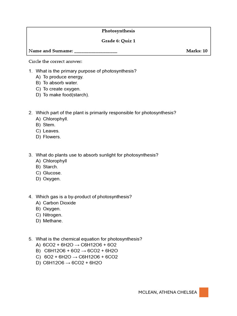 Grade 6 Photosynthesis Quiz | PDF | Photosynthesis | Glucose