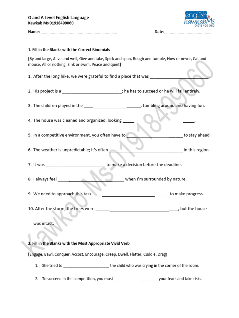 Binomials & Vivid Verb 16 Oct Question | PDF