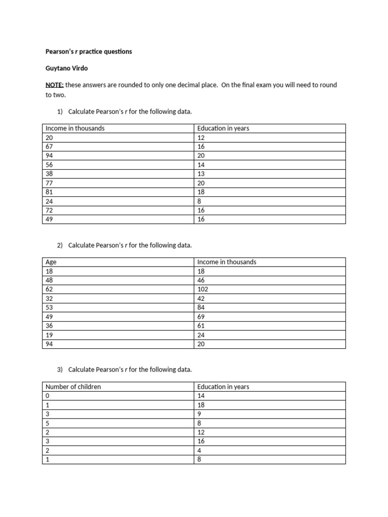 Pearsons R Practice Questions | PDF