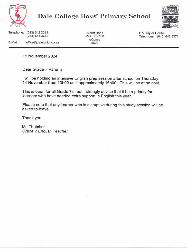 Letter To Grade 7's | PDF