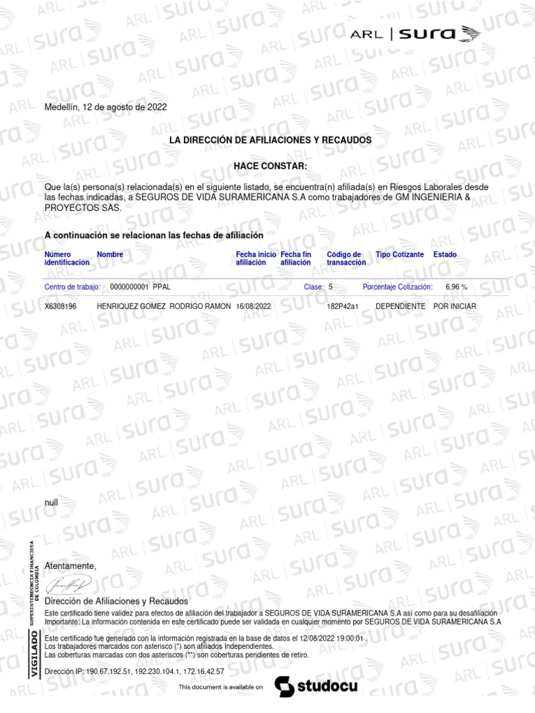 Certificado ARL | PDF