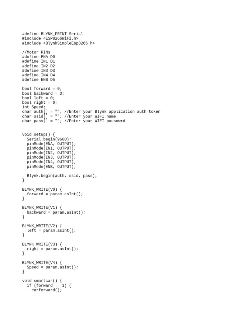 Blynk-Controlled Smart Car Code | PDF