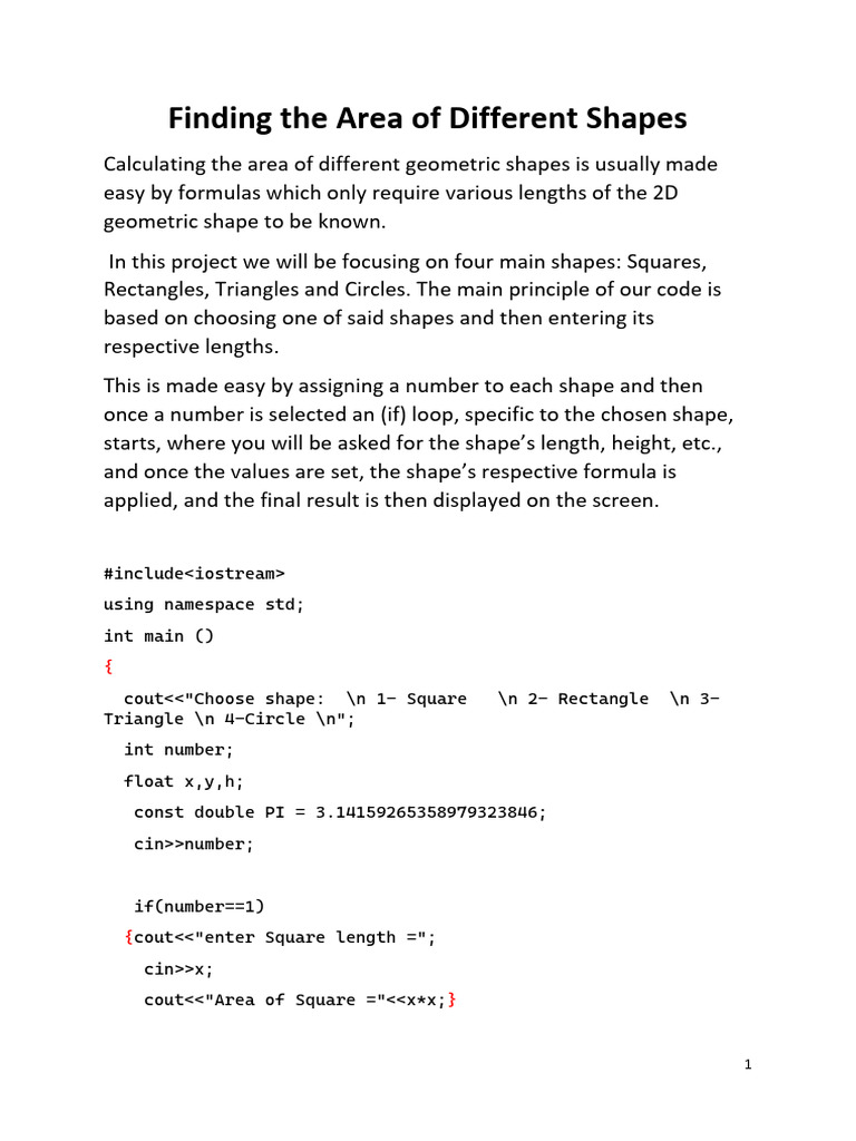 Finding The Area of Different Shapes (Using C++) | PDF